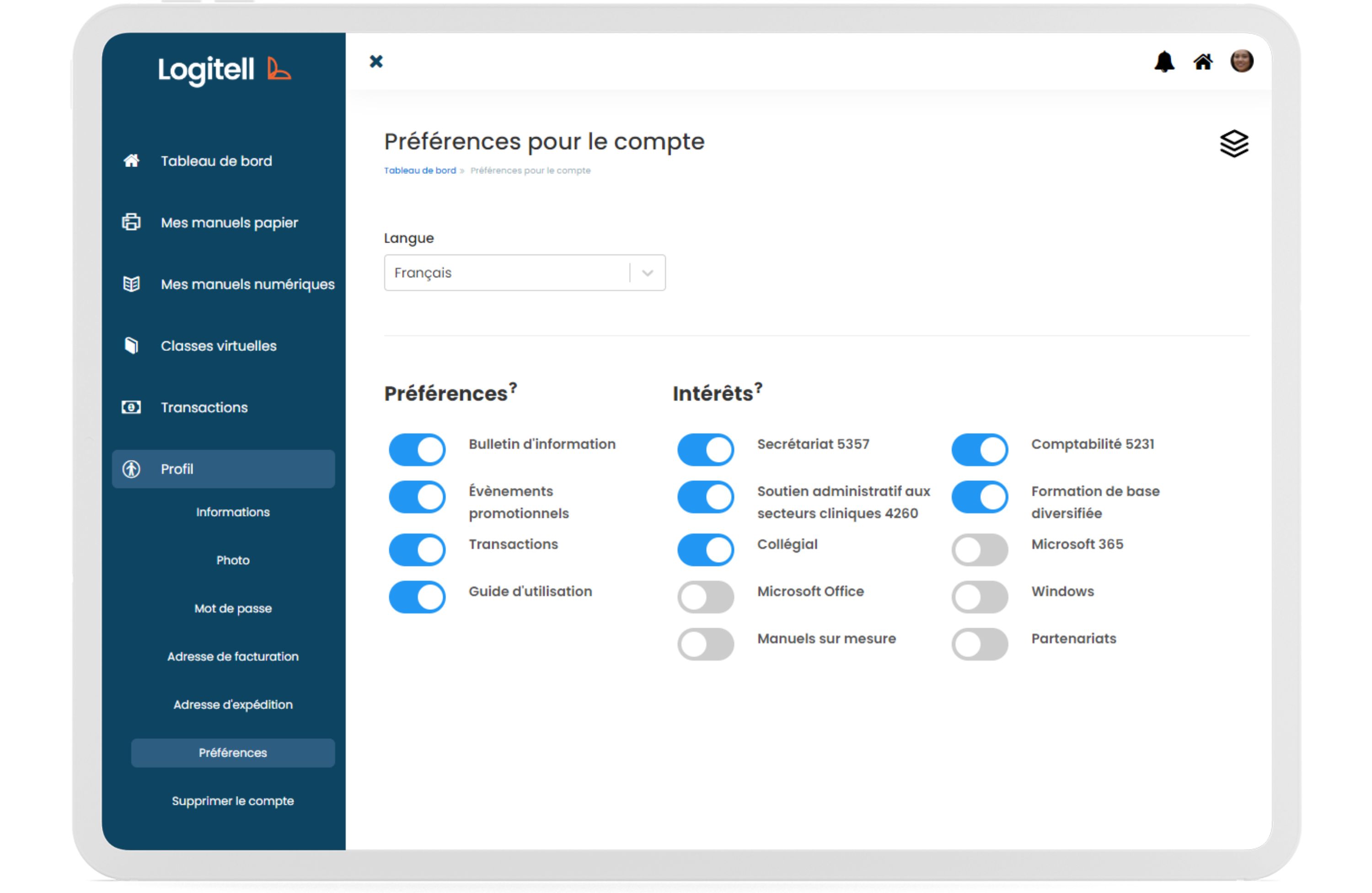 Préférences et intérêts | Comptes d’utilisateur - Logitell Support