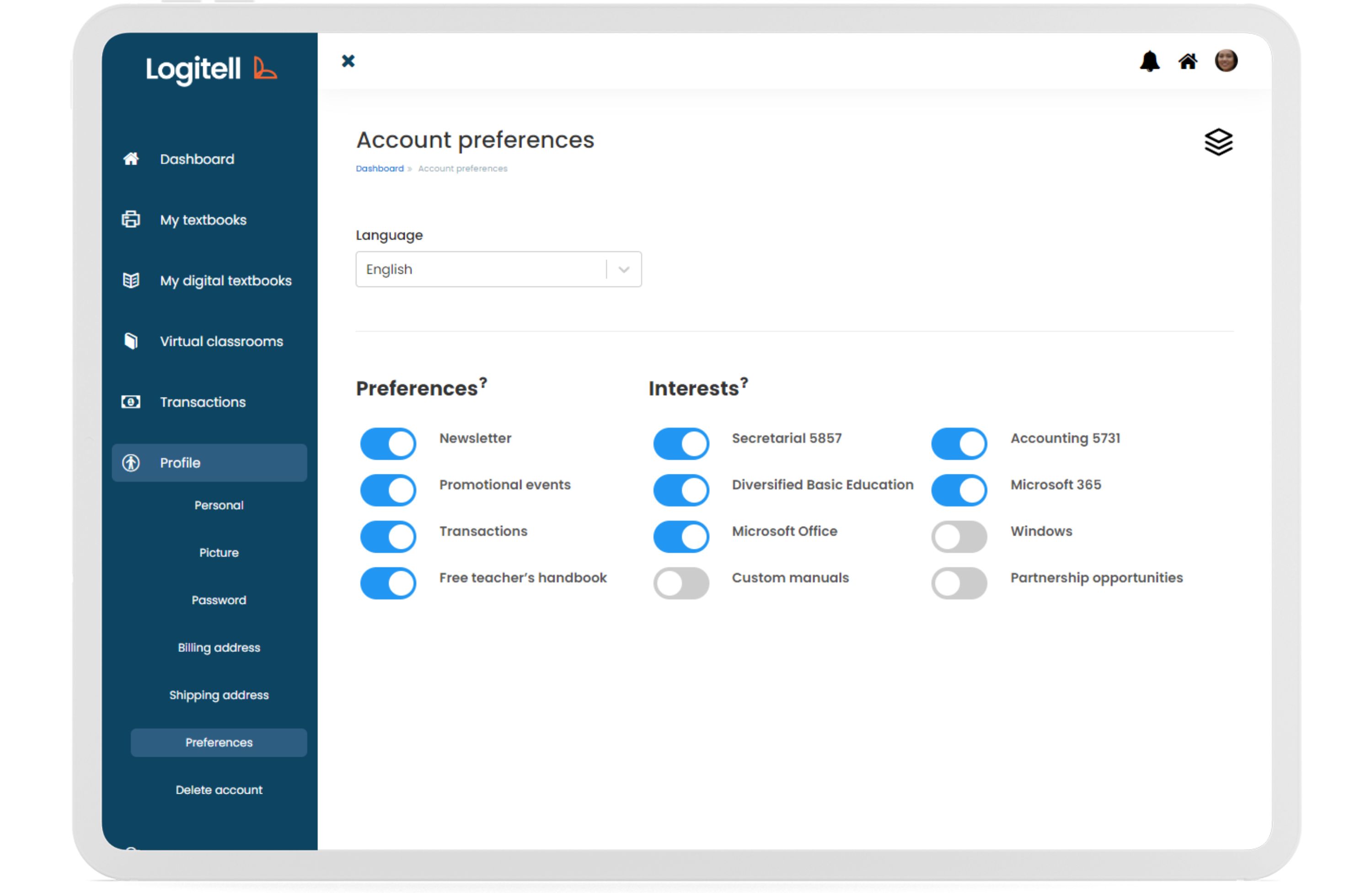 Account preferences and interests | Teacher Accounts - Logitell Support